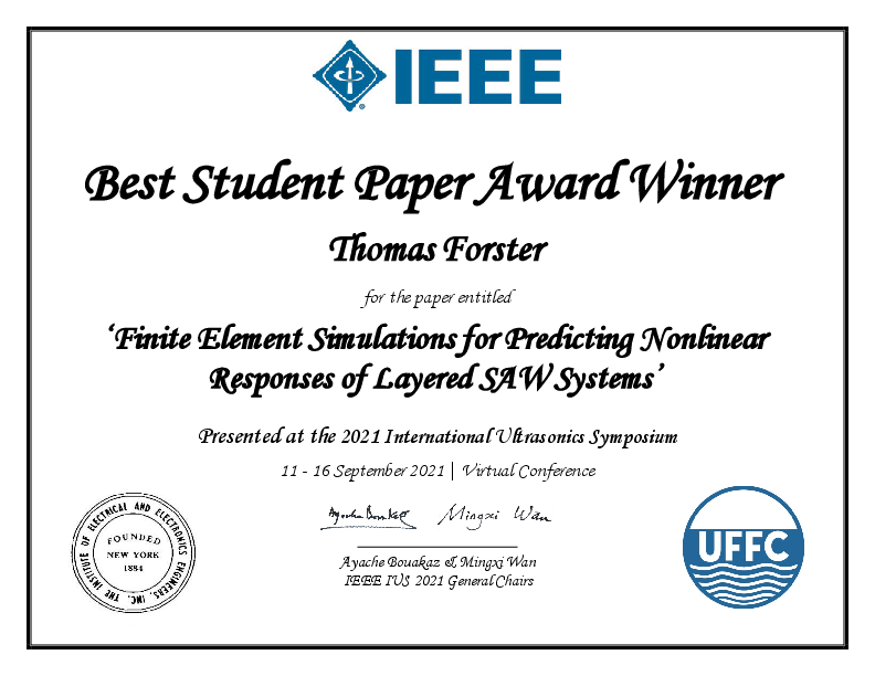 Best Student Paper Award - Micro- and Nanosystems Technology